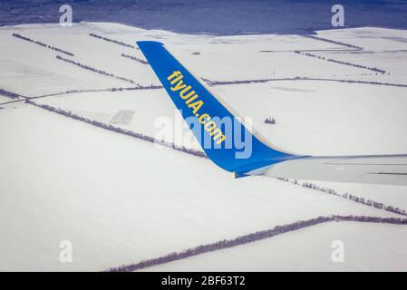 Kiev city with airplane window, Ukraine Stock Photo - Alamy