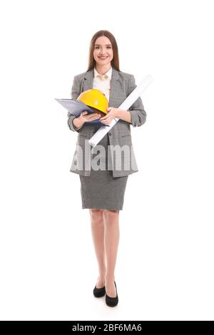 Female engineer with drawing on white background Stock Photo - Alamy