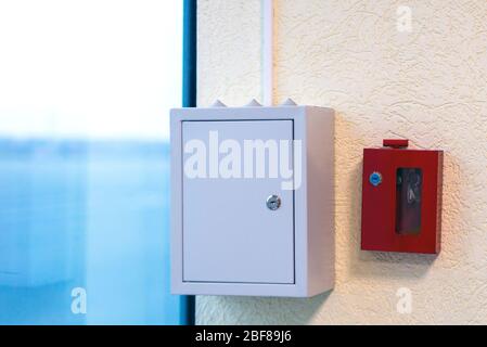Red fire alarm panel box is on the wall, to smash glass and press Stock ...