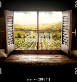 Atmospheric open window with shutters through which you can see the ...