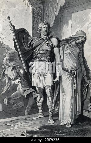 Mythologie nordique : le geant Skrymir endormi frappe par Thor avec son ...