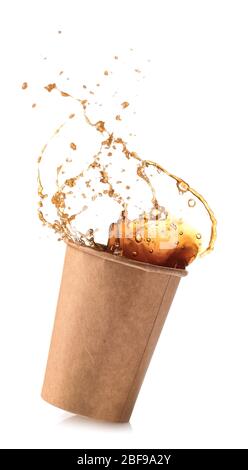 Falling coffee cup. Cup of coffee splashes while falling. Splash in ...