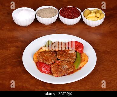 excellent turkish food tray patties spicy on white plate close up on ...
