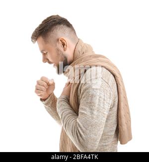 Coughing young man on white background Stock Photo - Alamy