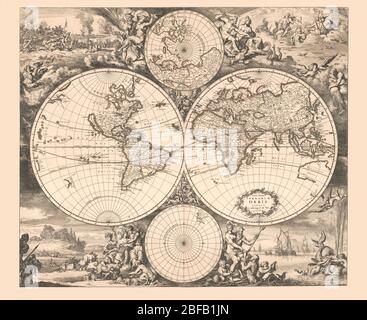 Vintage two hemispheres map of the world by Mathew Carey c. 1800. Map ...