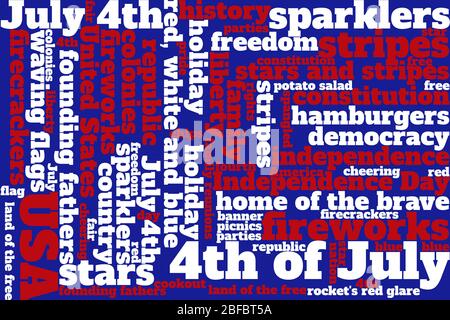 Fourth of July word cloud, red and blue on white background, in the ...