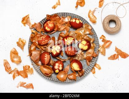 Dyed Easter eggs on grey background Stock Photo - Alamy