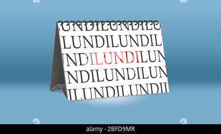 A calendar for the desk shows the French day of the week Lundi (Monday ...
