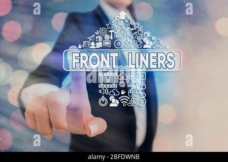 Conceptual hand writing showing Frontliners. Concept meaning most ...