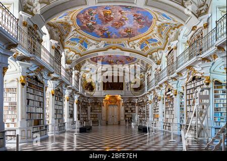 The library inside the baroque benedictine monastery of Melk Abbey in ...