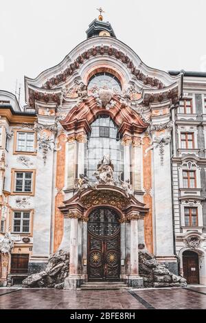 Rococo facade of the Asamkirche Church, St John of Nepomuk, detail ...