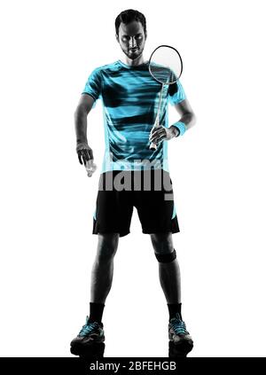 one caucasian Badminton player man in studio shadow silhouette isolated ...