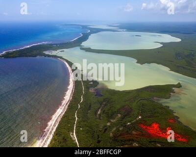 Aerial view of Punta Allen Sian Ka'an Reserve, Yucatan Peninsula ...