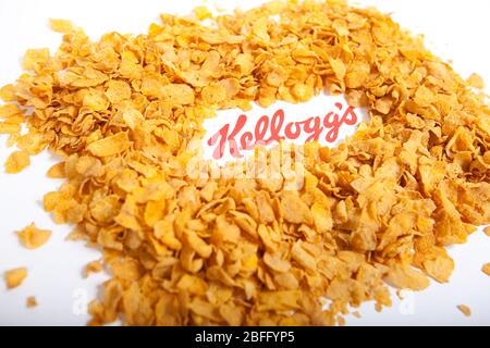 Illustrative image of the Kellogg's logo and famous branded corn flakes ...