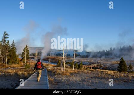 Man on boardwalk at the Upper Geyser Basin, Yellowstone National Park ...
