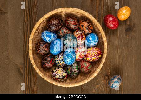 Set of Easter eggs painted in traditional Eastern European style with a ...