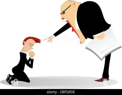 Angry boss scolds an employee illustration. Angry chief scolds kneeling ...