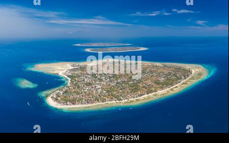 Aerial view with Gili islands and ocean. Gili Air, Meno and Trawangan ...