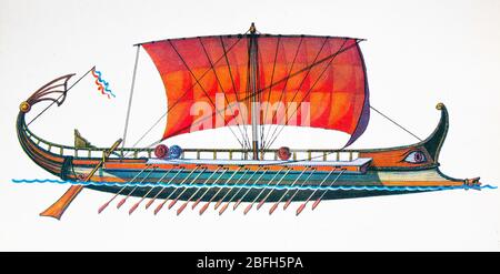 A Greek Bireme, ancient oared warship, or galley, with two decks of ...