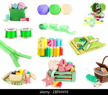 Collage of sewing equipment isolated on white Stock Photo - Alamy
