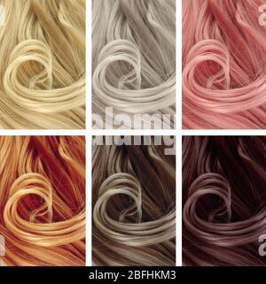 Hair color palette. Collage with samples of hair dyed in different ...