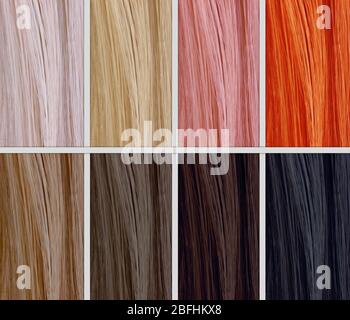 Hair color palette. Collage with samples of hair dyed in different ...