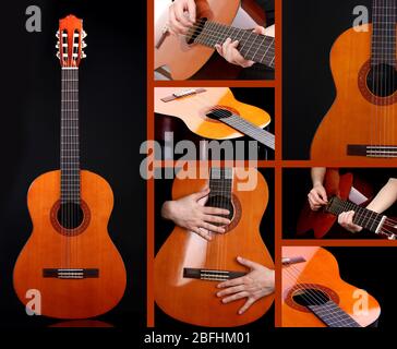 collage of man holding acoustic guitar and umbrella isolated on yellow ...