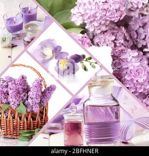 Beautiful collage with photos of luxury perfume and ingredients ...