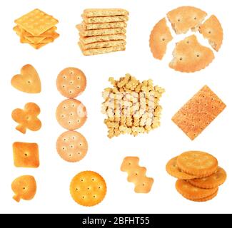 Collage of tasty crackers on white background Stock Photo - Alamy