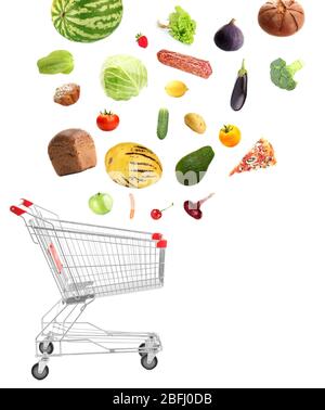 Products falling in shopping cart, isolated on white Stock Photo - Alamy