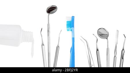 Tooth care collage isolated on white Stock Photo - Alamy