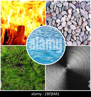 Collage of Feng Shui destructive cycle with five elements (water, wood ...