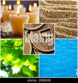 Collage of Feng Shui destructive cycle with five elements (water, wood ...