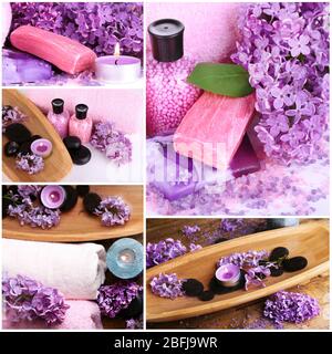 collage of lily flowers, bath salt and candles Stock Photo - Alamy