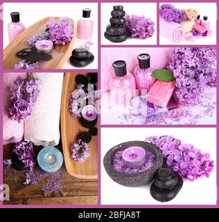 collage of lily flowers, bath salt and candles Stock Photo - Alamy
