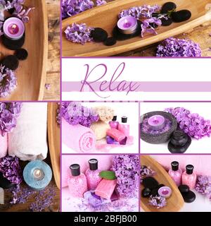 collage of lily flowers, bath salt and candles Stock Photo - Alamy