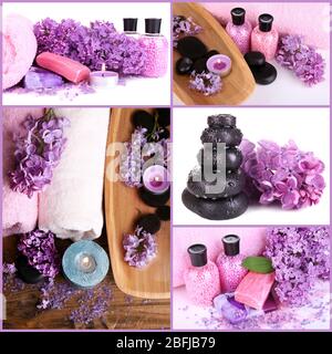 collage of lily flowers, bath salt and candles Stock Photo - Alamy