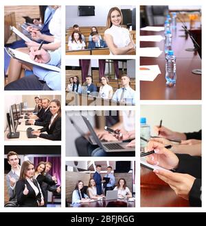 Collage of busy people discussing work and studying Stock Photo - Alamy