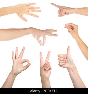 Hand collage, gestures set isolated on white Stock Photo - Alamy