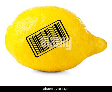 Fresh lemon with barcode, isolated on white Stock Photo - Alamy