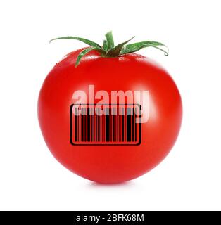 Fresh tomato with barcode isolated on white Stock Photo - Alamy