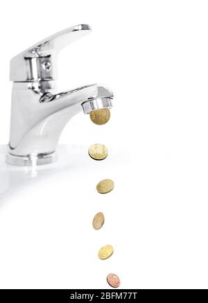 Money fall out of the tap isolated on white Stock Photo - Alamy