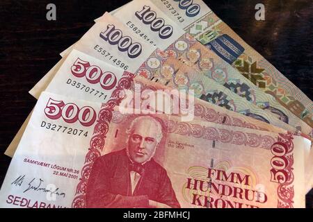 Icelandic cash. Money of Iceland. Several Icelandic krona bills on ...