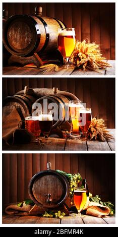 Collage of wooden barrel with tap on white background, different sides ...