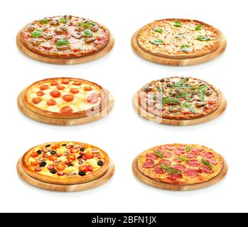Set with slices of delicious pizzas on different color backgrounds, top ...