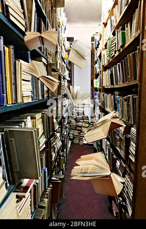 Flying books on library bookshelves background Stock Photo - Alamy