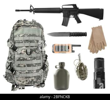 Set of military stuff on white background Stock Photo - Alamy