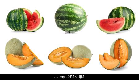 Set of fresh sliced melons and watermelons on white background Stock ...