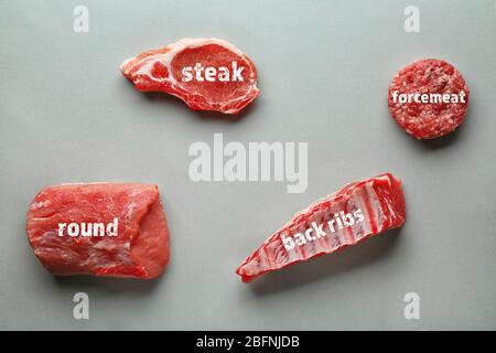 Meat cuts with names on color background Stock Photo - Alamy