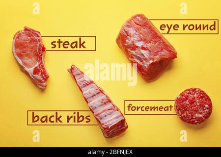 Meat cuts with names on color background Stock Photo - Alamy